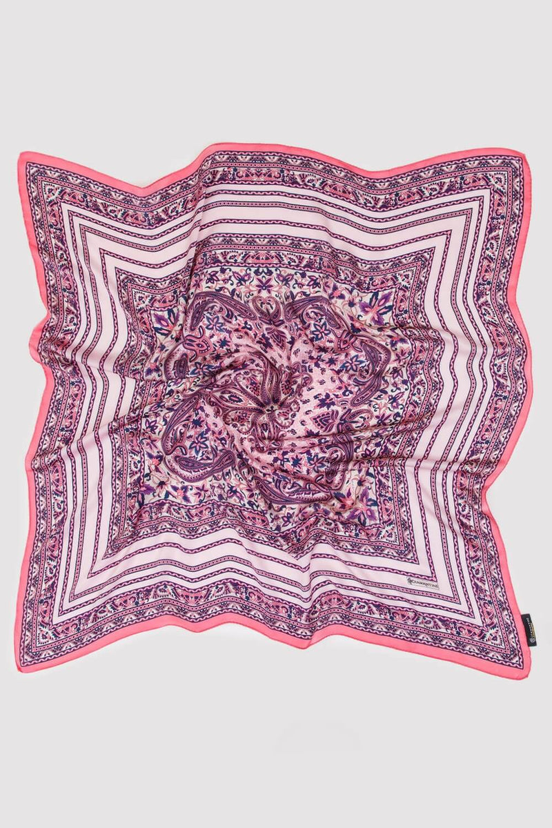 Silk Satin Scarf in Violet & Pink Paisley Print – Diamantine International